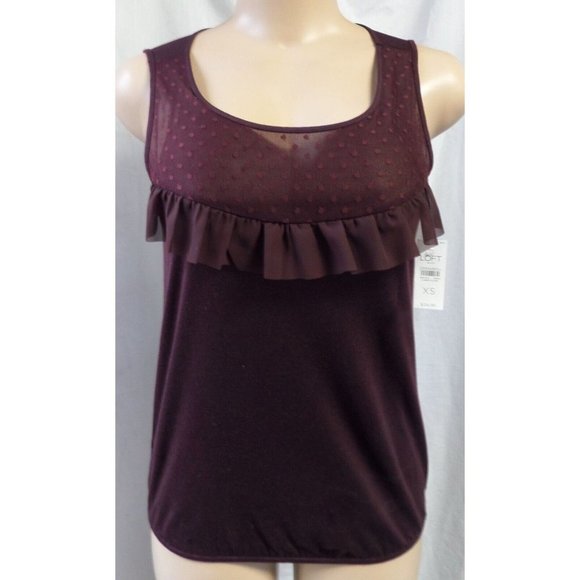 LOFT | Tops | Loft Burgundy Polka Dot Illusion Neck Ruffled Blouse Soft ...